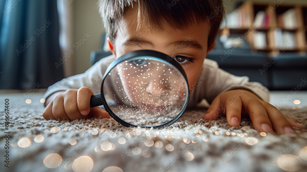 dust seen through the magnifying glass, while the children playing on ...