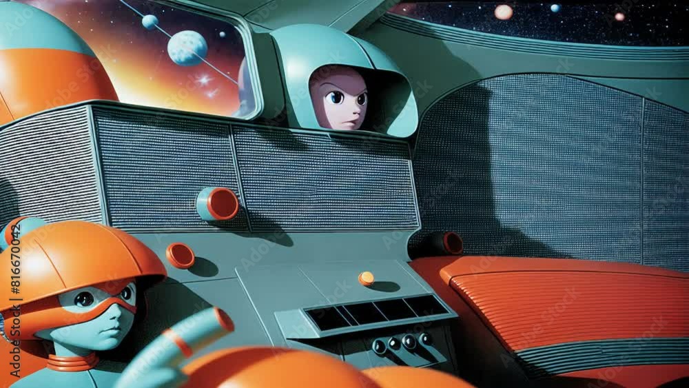 Generative Ai animation of synthwave futuristic robots in a spaceship ...