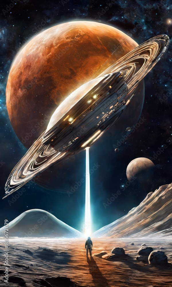 A breathtaking scene unfolds as a grand spaceship casts a beam of light ...