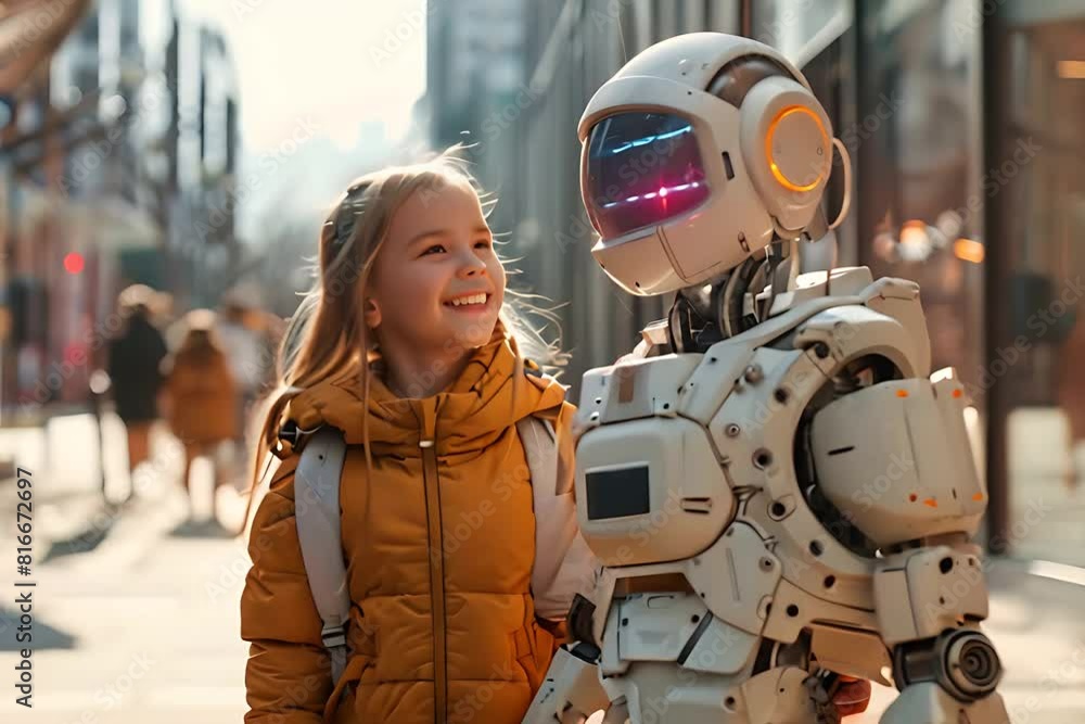 Futuristic Friendship, Cheerful Girl Walking Alongside Humanoid Robot ...