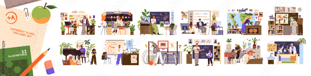 Different teachers in classrooms set. Various school subjects ...
