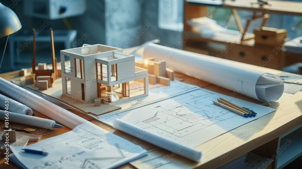 professional architects drafting table with blueprints, scale models ...