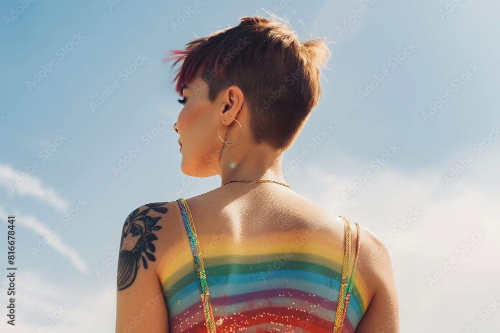 Pride month concept back view beautiful woman with short hair and ...