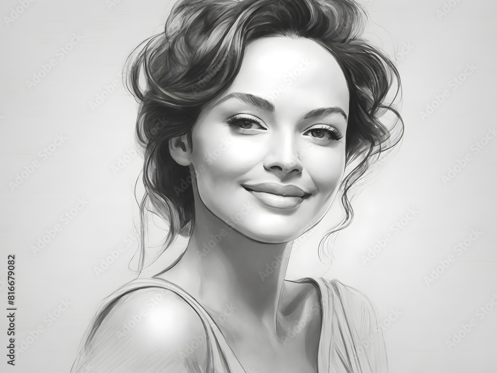 Ink sketch of a girl created in line drawing technique. A beautiful ...