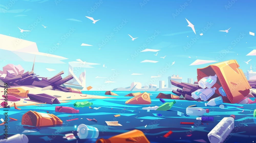 Floating dirty waste, bottles, bags, rubbish, polluting the sea. Modern ...