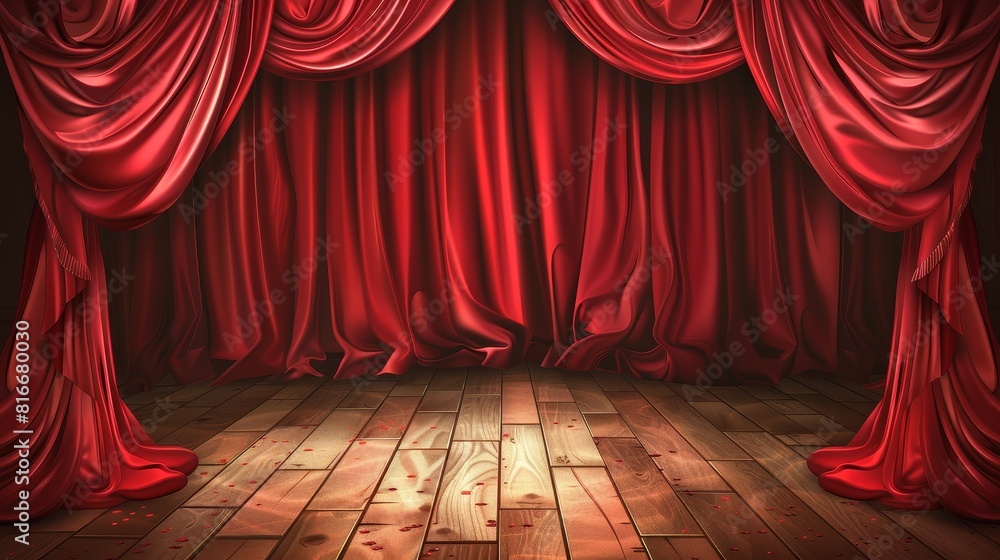 Red stage curtain and wooden floor realistic modern. Theater, opera ...