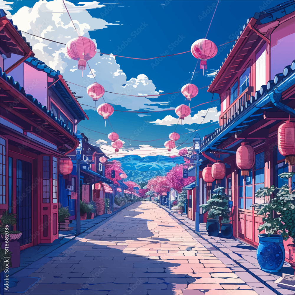 Japanese street vector illustration in pink tones Stock Vector | Adobe ...