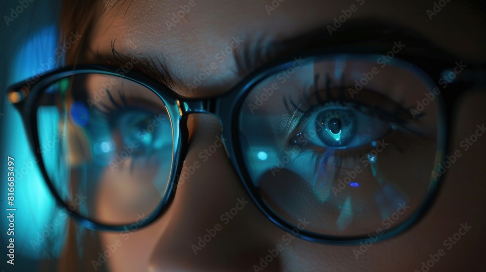 Girl works on internet. Reflection at the glasses from laptop. Close up ...