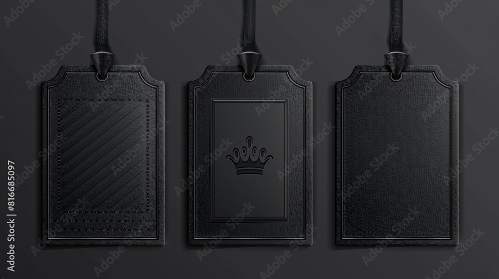 Textile badges with seams and fabric texture on black cloth labels for ...