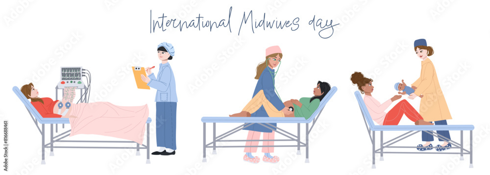 Pregnant women at the maternity hospital. Cartoon set of illustrations ...