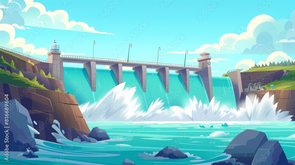 A sea landscape with rock dam and a large wave. A construction ...