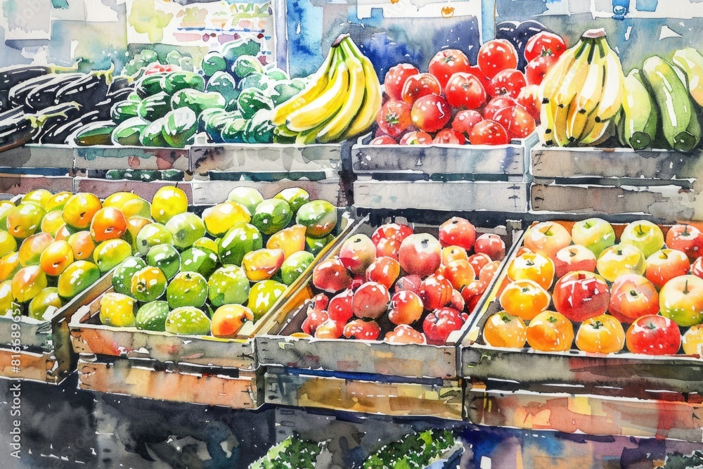 Colorful watercolor painting of various fruits and vegetables, perfect ...