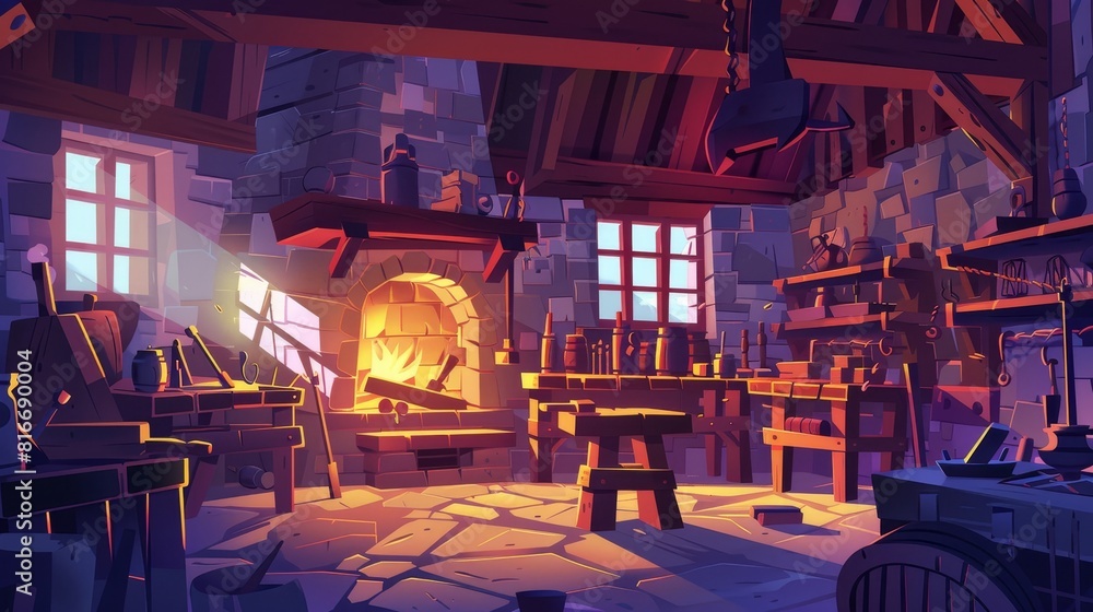 Hammer and anvil in blacksmith's forge. Modern cartoon interior of a ...