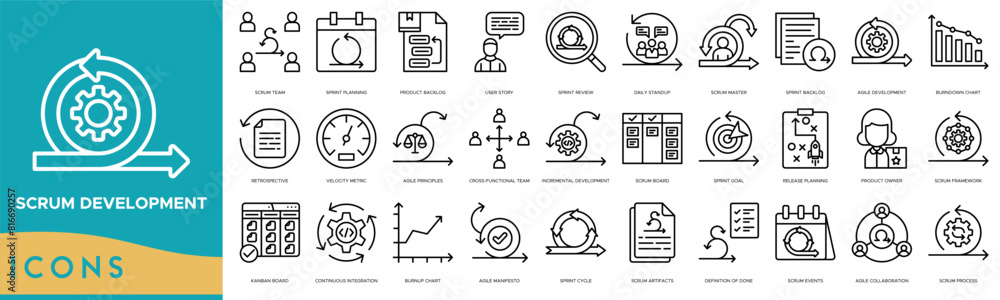 Scrum Development icon set. Scrum Team, Sprint Planning, Product ...