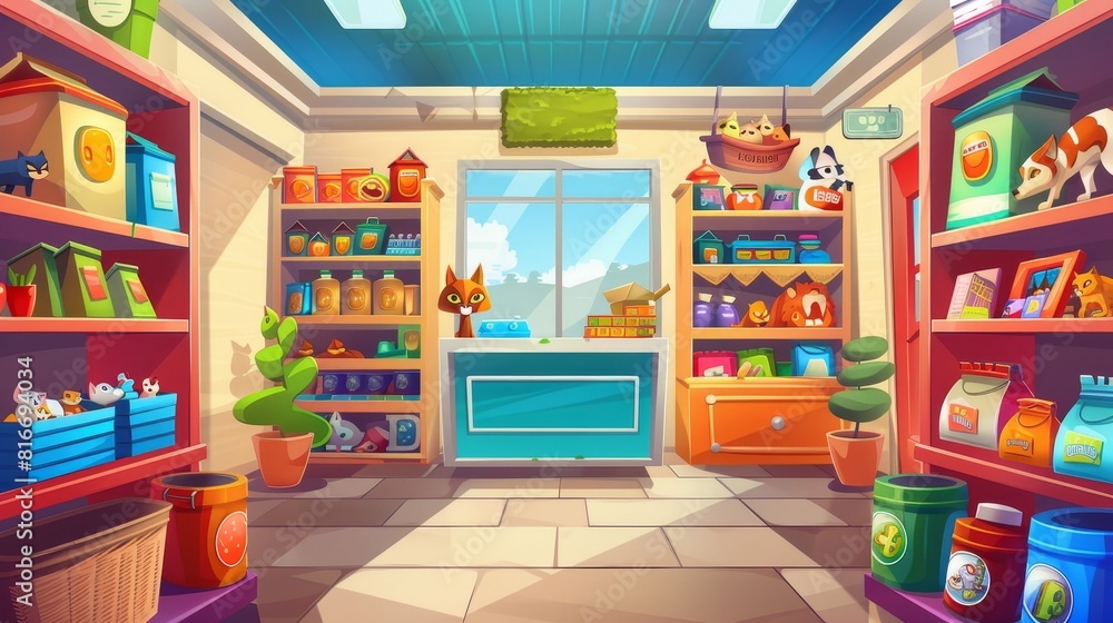 Animated illustration of a pet shop interior with a counter desk ...