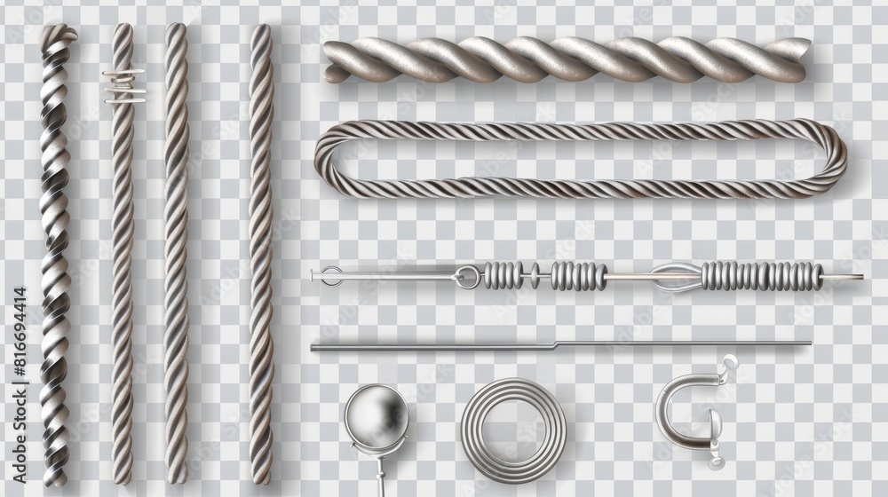 Realistic 3d modern set of metal hawsers, ropes, steel cords, silver ...