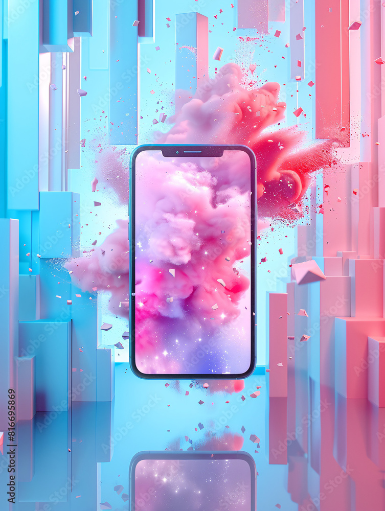 Against a backdrop of minimalist color, a futuristic mobile phone ...