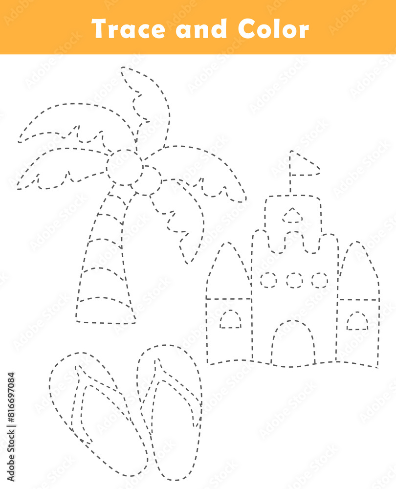 Summer trace and color for children. Handwriting practice. Coloring ...