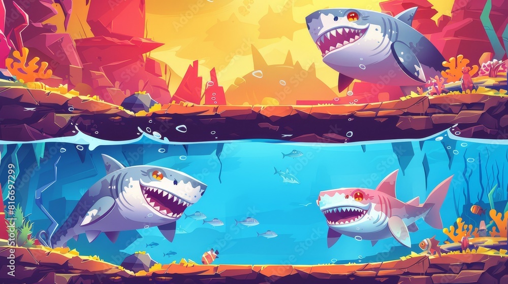 Sharks on sea or ocean bottom with rocks around. Game character with ...