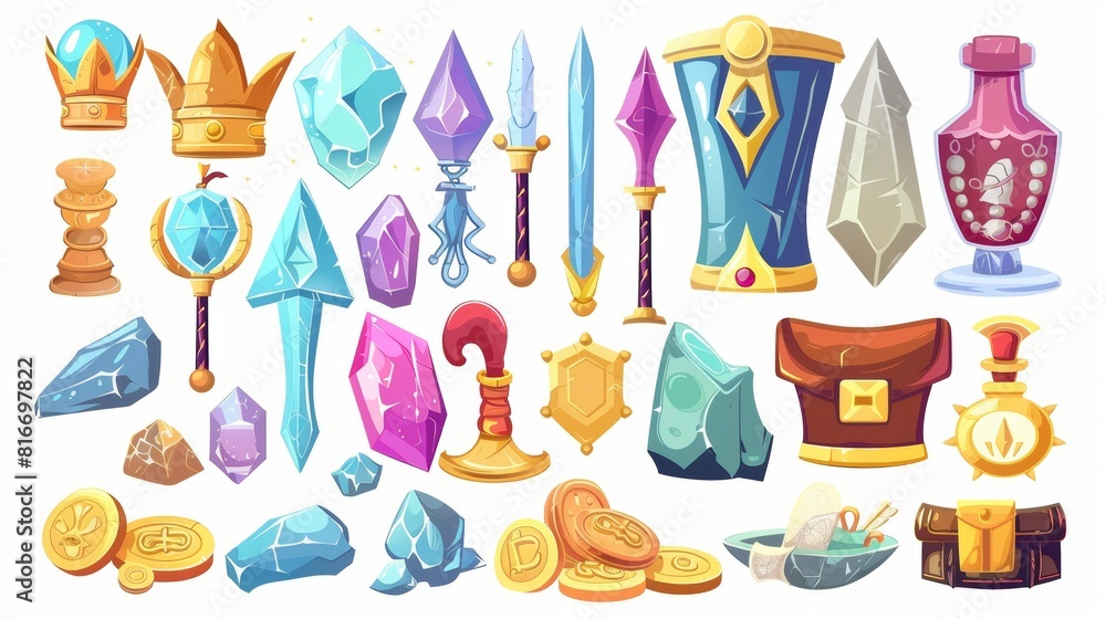 Set of treasure, magic items, golden coins, crystal gems, crown, sword ...