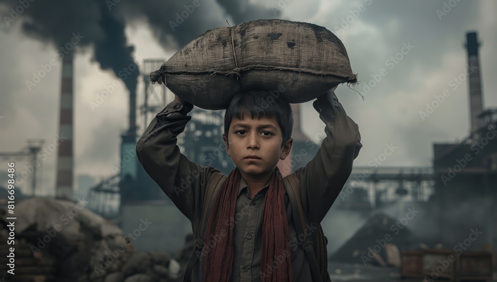 Foto de Child labor concept, a young child carrying a heavy bag, shown ...