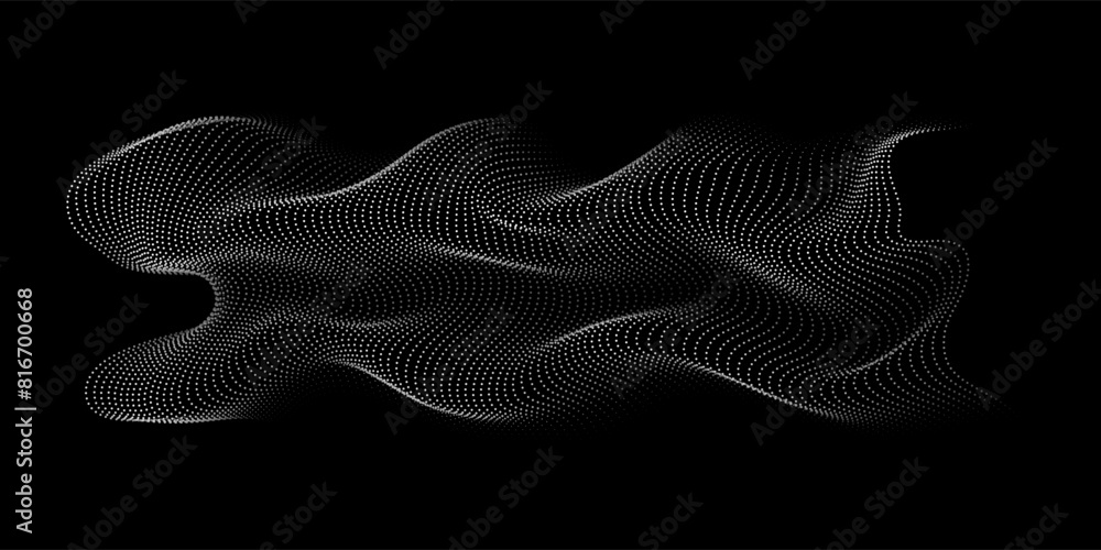 Flowing dots particles wave pattern 3D curve halftone white grey ...