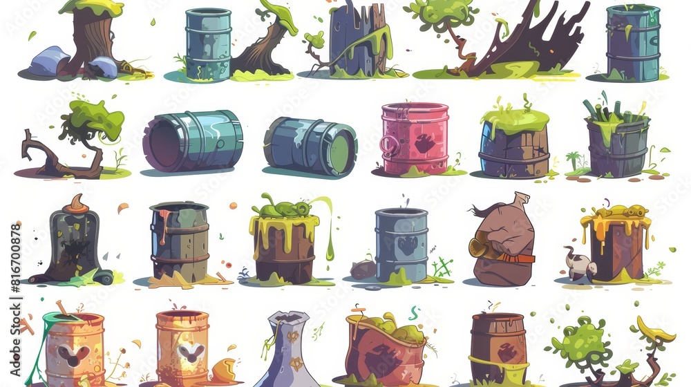 Cartoon modern set using toxic wastes and plastic. Sprouts grow in old ...
