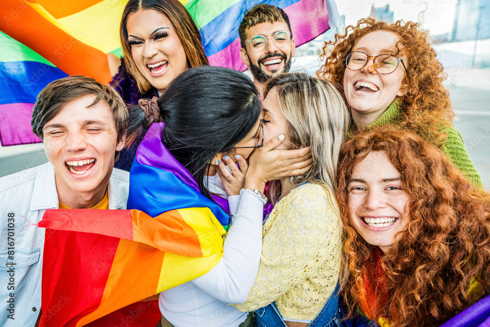 LGBTQ people celebrating gay pride festival together - Diverse friends ...