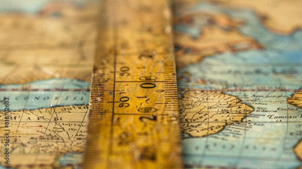 A ruler measuring the distance between two points on a map ...