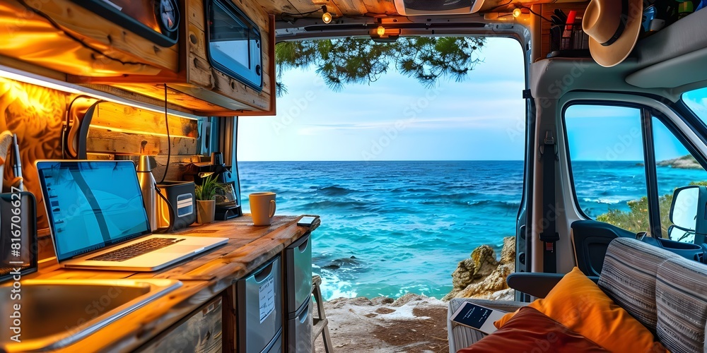 Camper van interior with ocean view laptop and mobile office setup ...