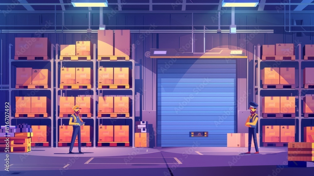 Modern cartoon illustration of a warehouse interior with goods on metal ...