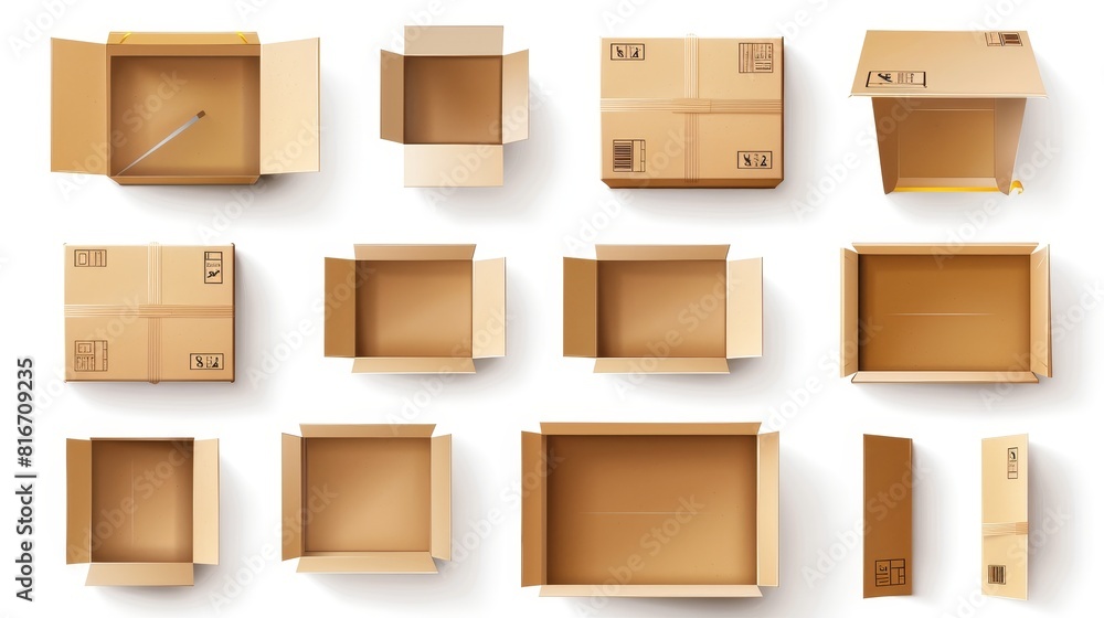 Modern mockup of top view of open and closed crates for fragile cargo ...