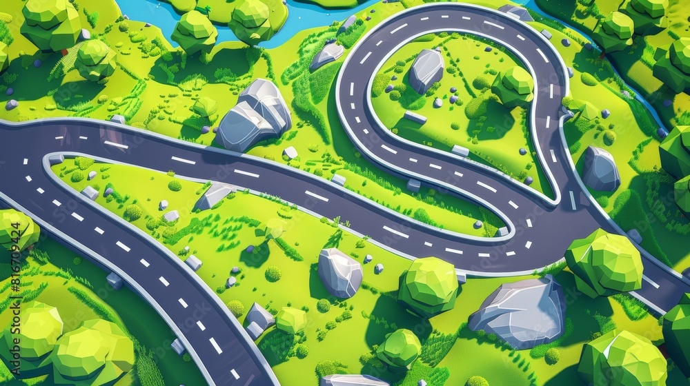 Overhead view of two lanes curving asphalt pathway and route direction ...