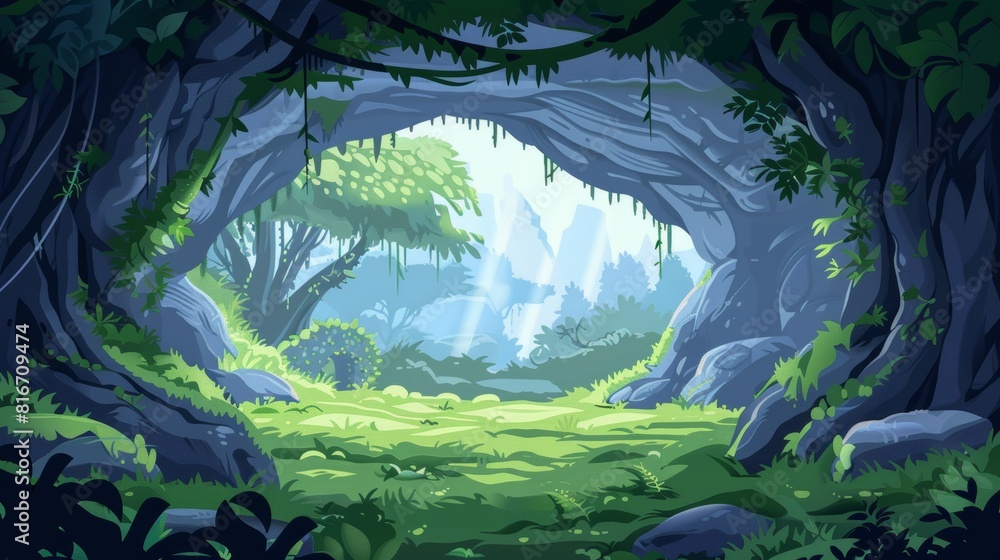 Jungle cave entrance, hole in rock with green trees, grass, moss ...