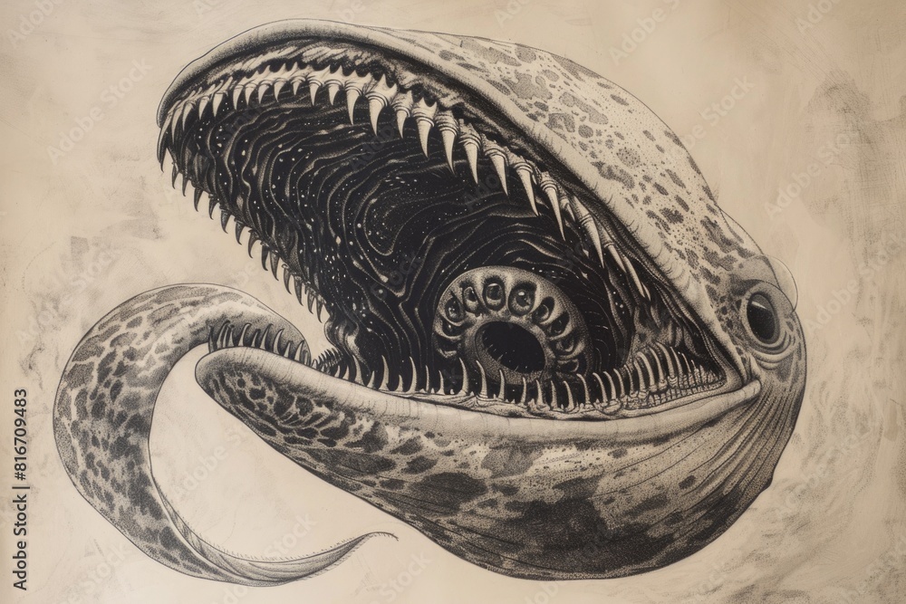 Detailed drawing of a fish with its mouth wide open. Suitable for ...