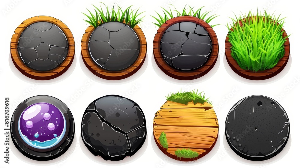 Modern cartoon set of circle buttons made from rusty iron with peeling ...