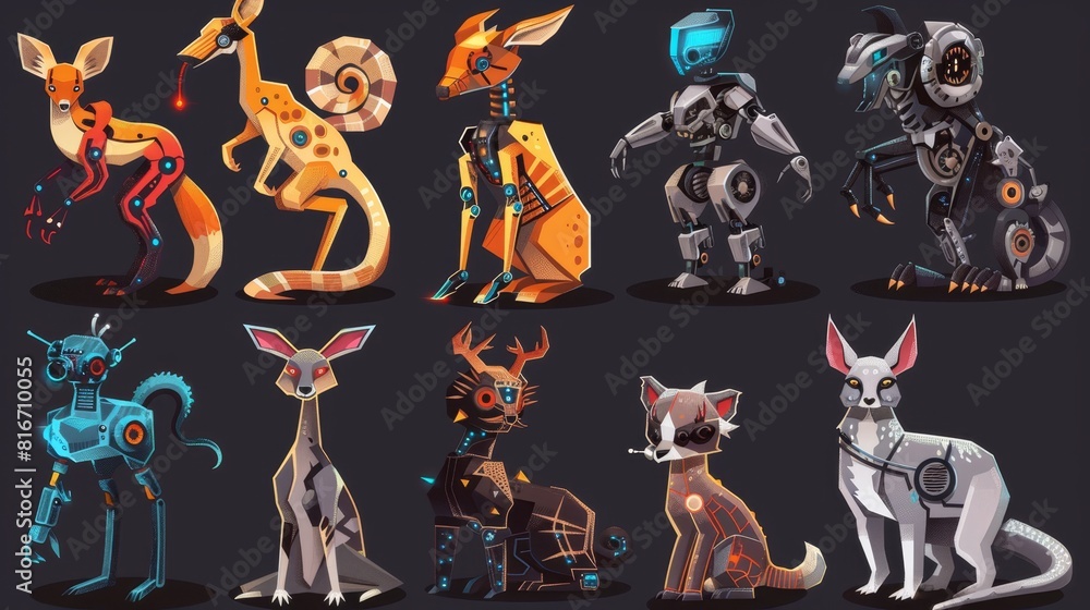 A modern set of cartoon robotics animalistic machine characters with ...