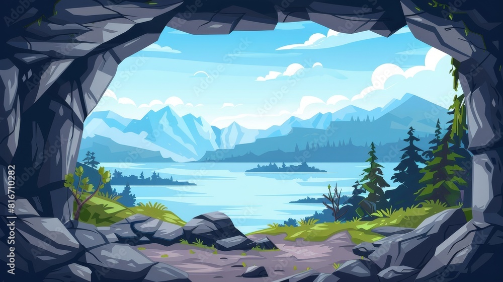 The entrance of a rock cave with moss, a coniferous forest along the ...