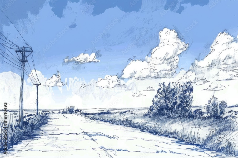 A drawing of a rural road with power lines. Suitable for various design ...
