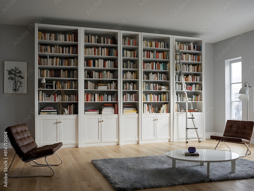 A pair of white bookcases with open shelves on each side, shelves ...