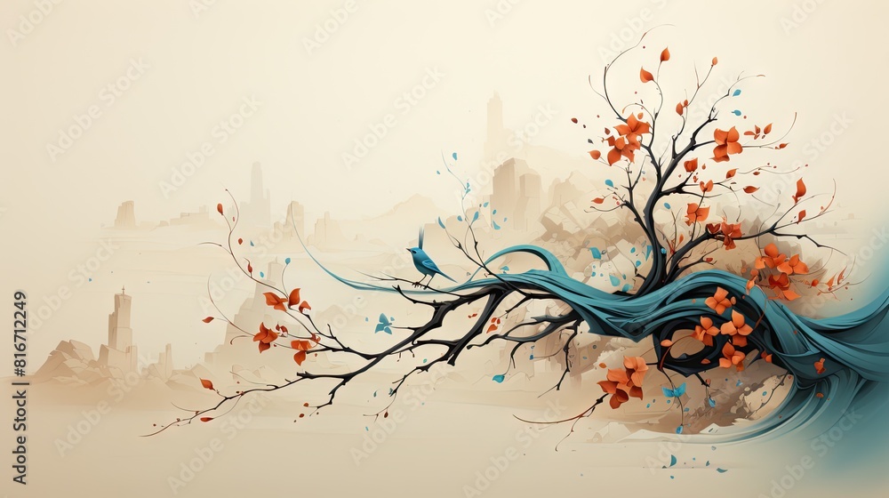 Surreal Abstract Art of Tree Branch with Leaves and Blue Bird in ...