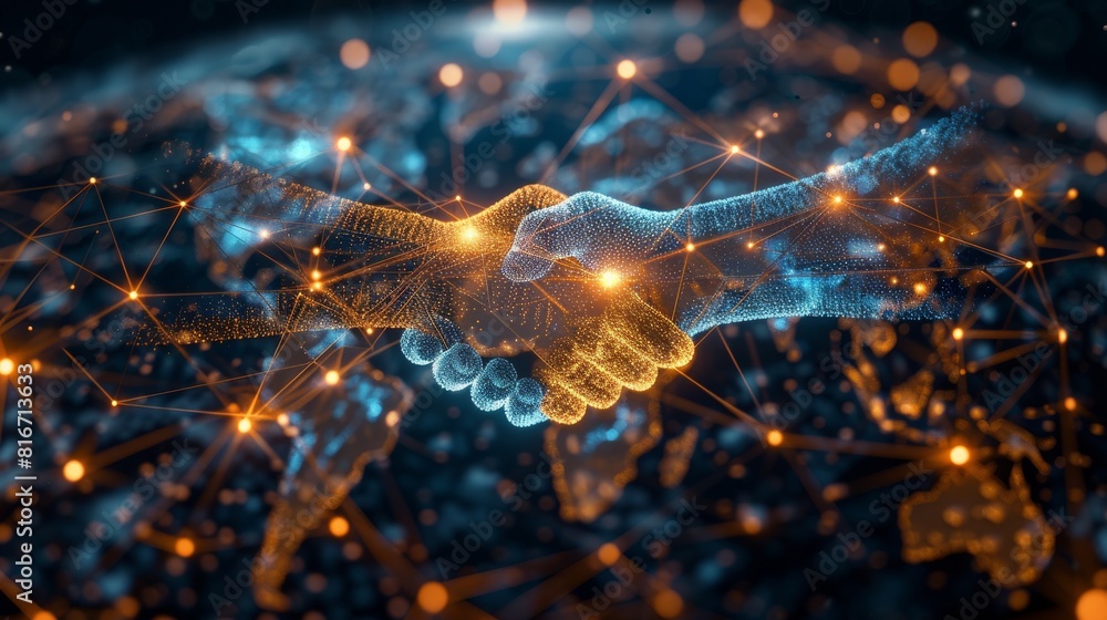 Digital visualization of a handshake with glowing nodes and connections ...