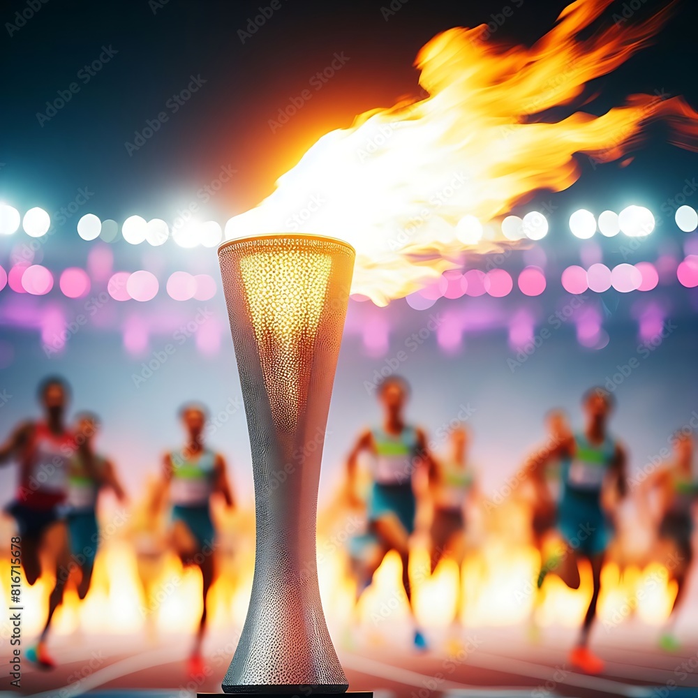 Cup with the Olympic flame at the stadium. Athletes are running in the ...