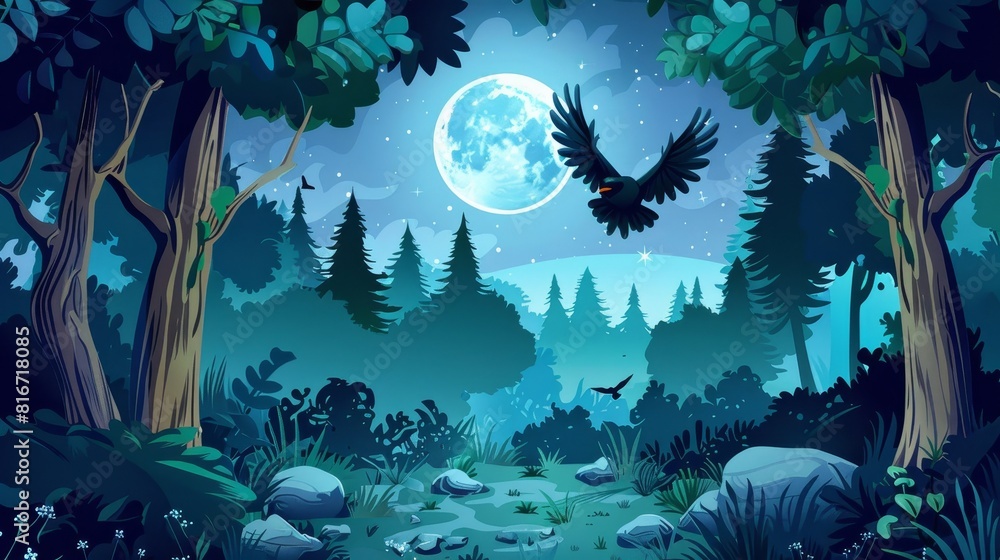 Modern illustration of a raven flying in a coniferous forest. A full ...