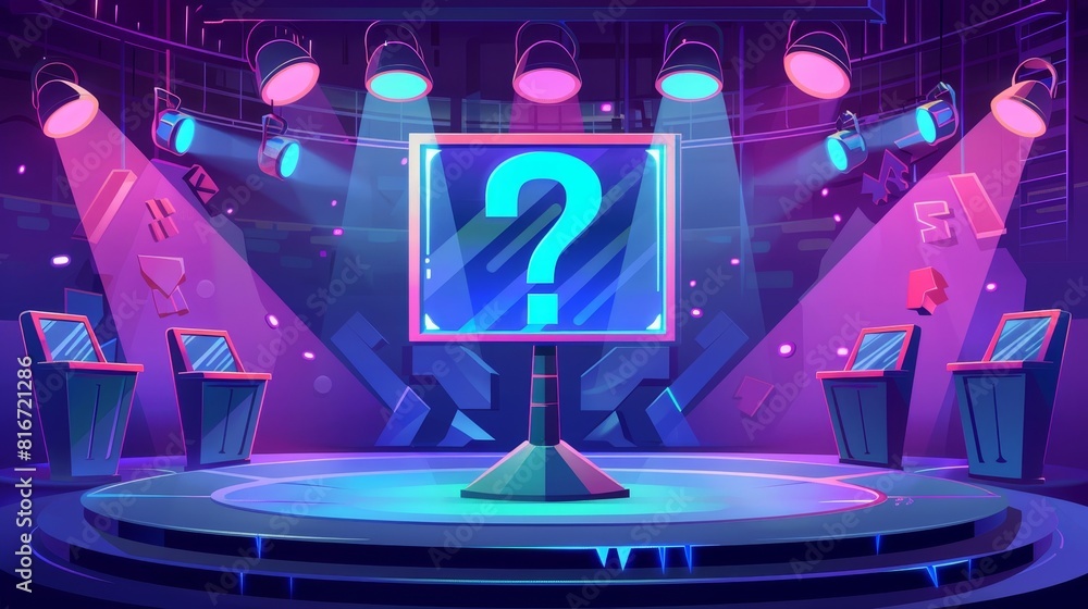 Interior stage for quiz show with stands, spotlights, and digital ...