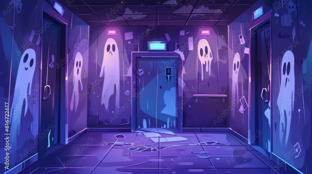 Modern cartoon of ghosts in a dark hallway with a broken elevator at ...