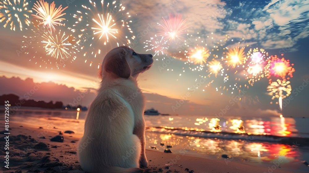 Dog with fireworks new year's eve. Cute puppy sitting on beach ...