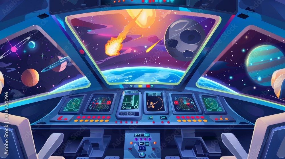 Control panel and windows in a spaceship cockpit. Cartoon illustration ...