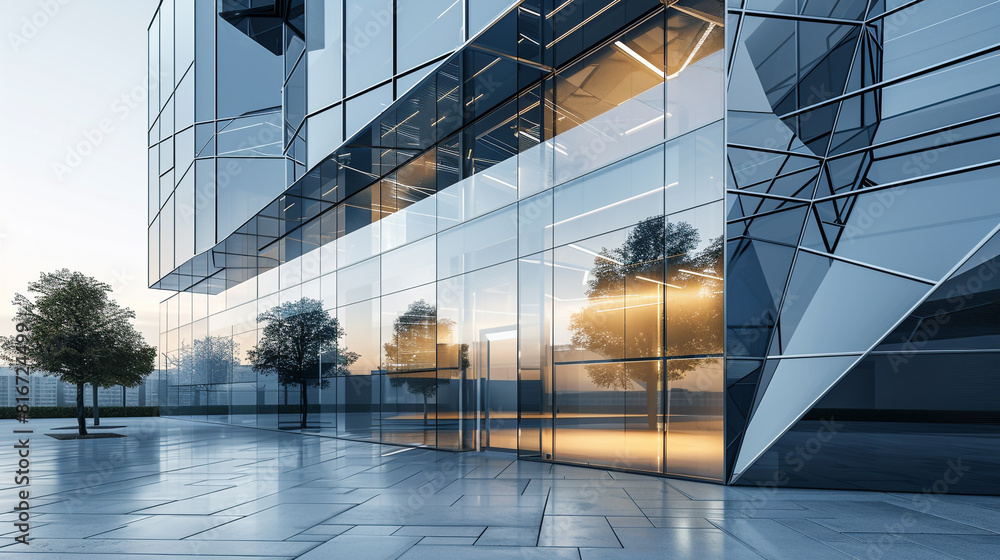 Geometric Glass Facade A modern architectural facade with geometrically ...