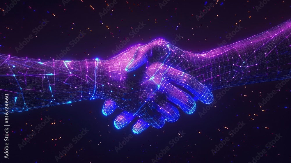 Glowing Wire-frame Handshake: Symbolizing Technology, Business, and ...